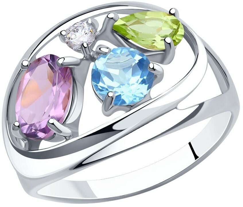 Кольцо, серебро, 925 проба, родирование, топаз, хризолит, фианит, аметист