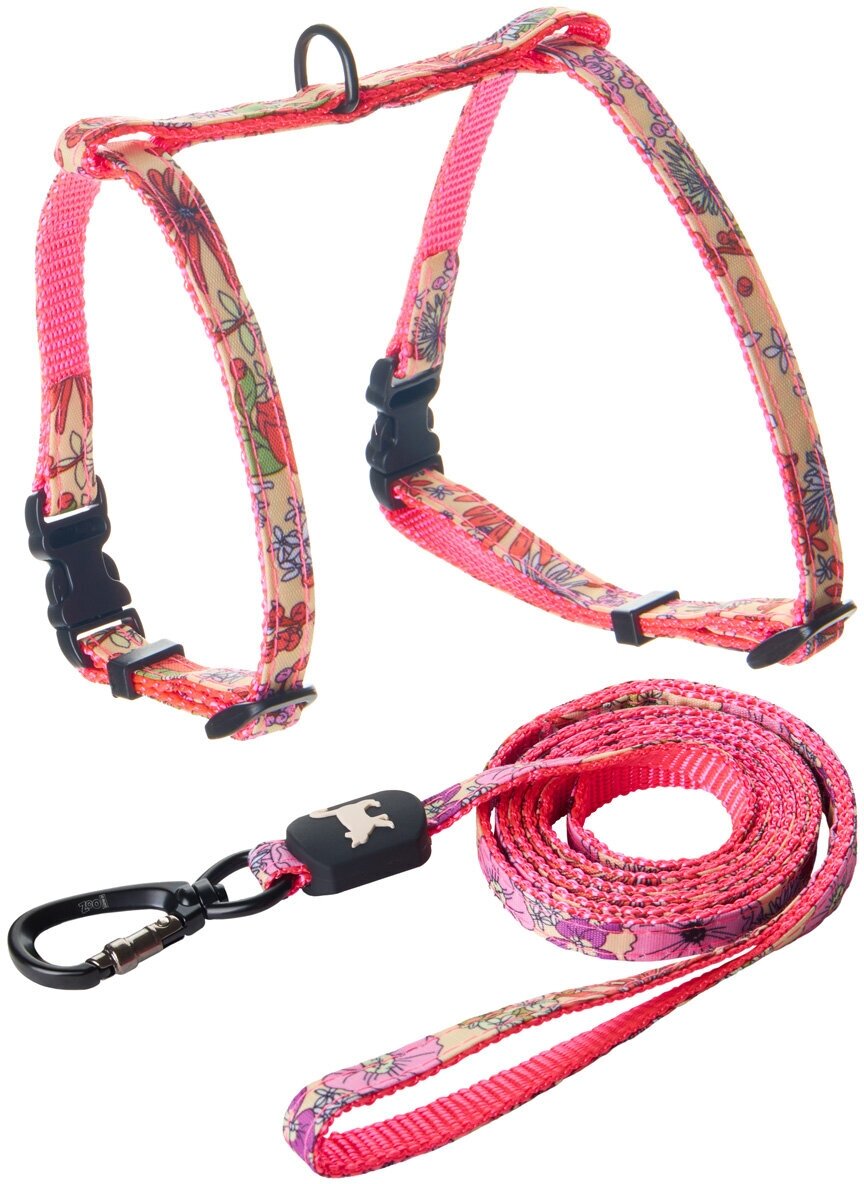 Шлейка для кошки "Цветы" (лента 10 мм) с поводком 120 см (обхват шеи от 20 до 30 см), розовая, ZooOne, 23-0266