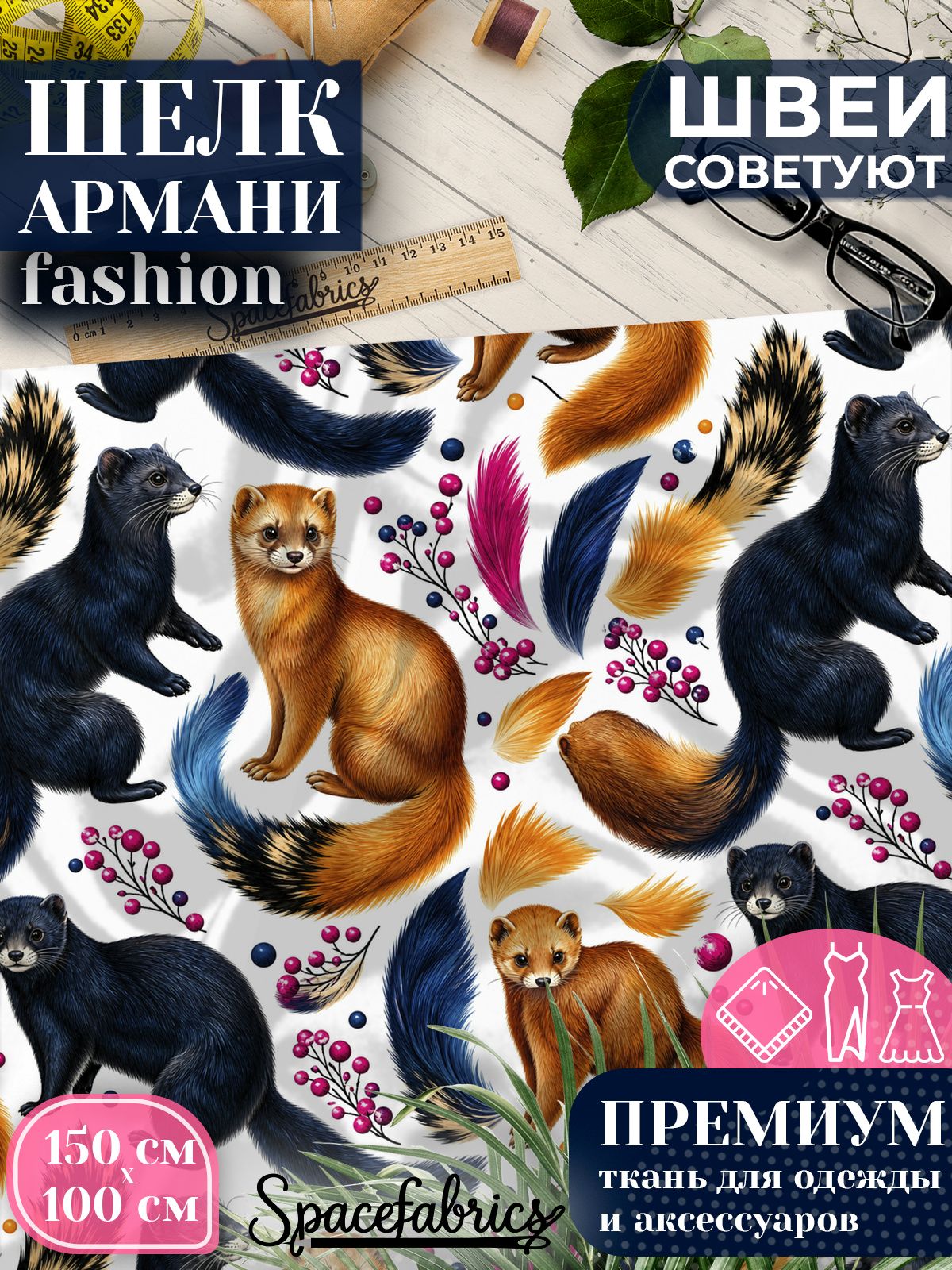 Ткань для шитья шелк Армани, искусственный шелк для костюмов, платьев, юбок с принтом Норки