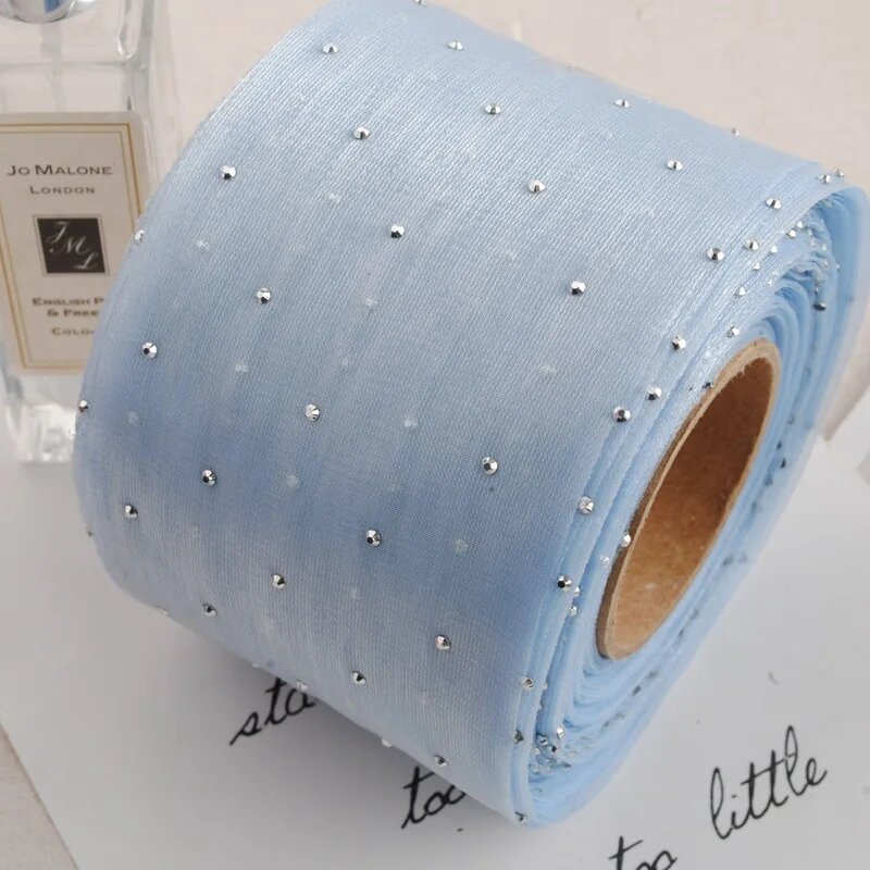 Блестящая атласная лента со стразами 6 см, 20 м Голубой, Light blue