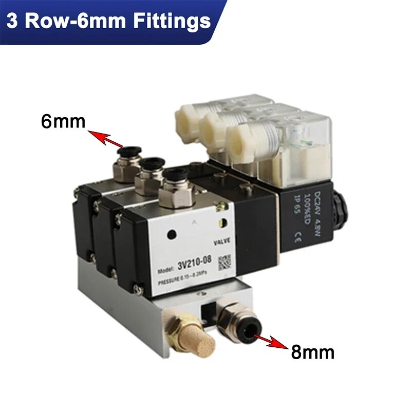 Пневматический клапан 3V210-08 AC220V 3-портовый 2/3/4/5/6 ряд DC12V, 3 Row 6mm fitting