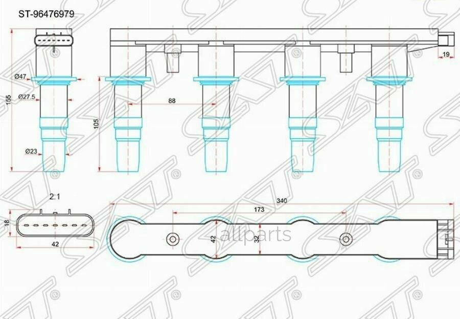 SAT ST-96476979 Катушка зажигания CHEVROLET AVEO II 08-/CRUZE 09-/LACETTI 05- (модуль)