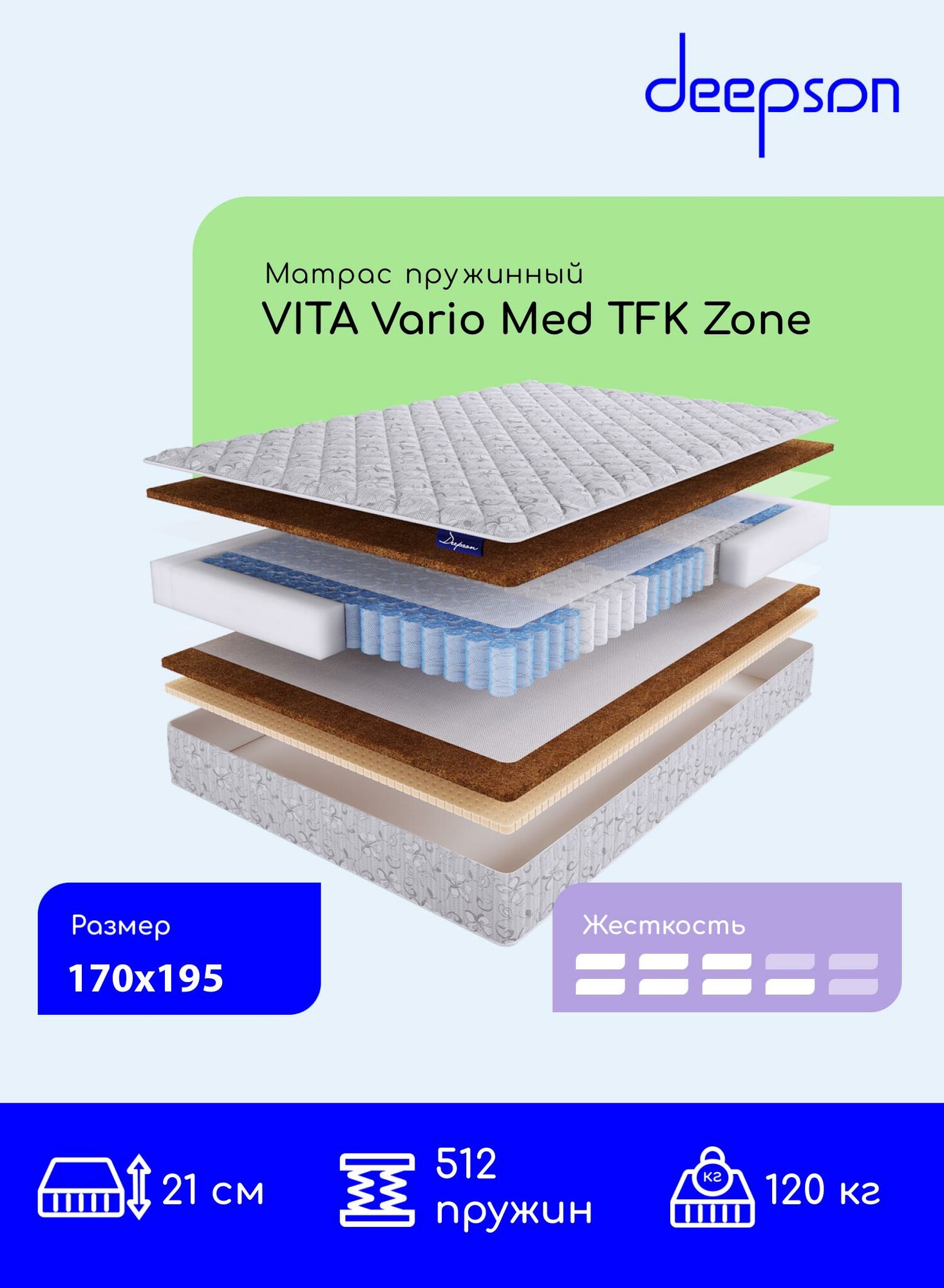 Матрас 170x195 ортопедический 5-ти зональный пружинный блок VITA Vario Med S500 высота 21 см