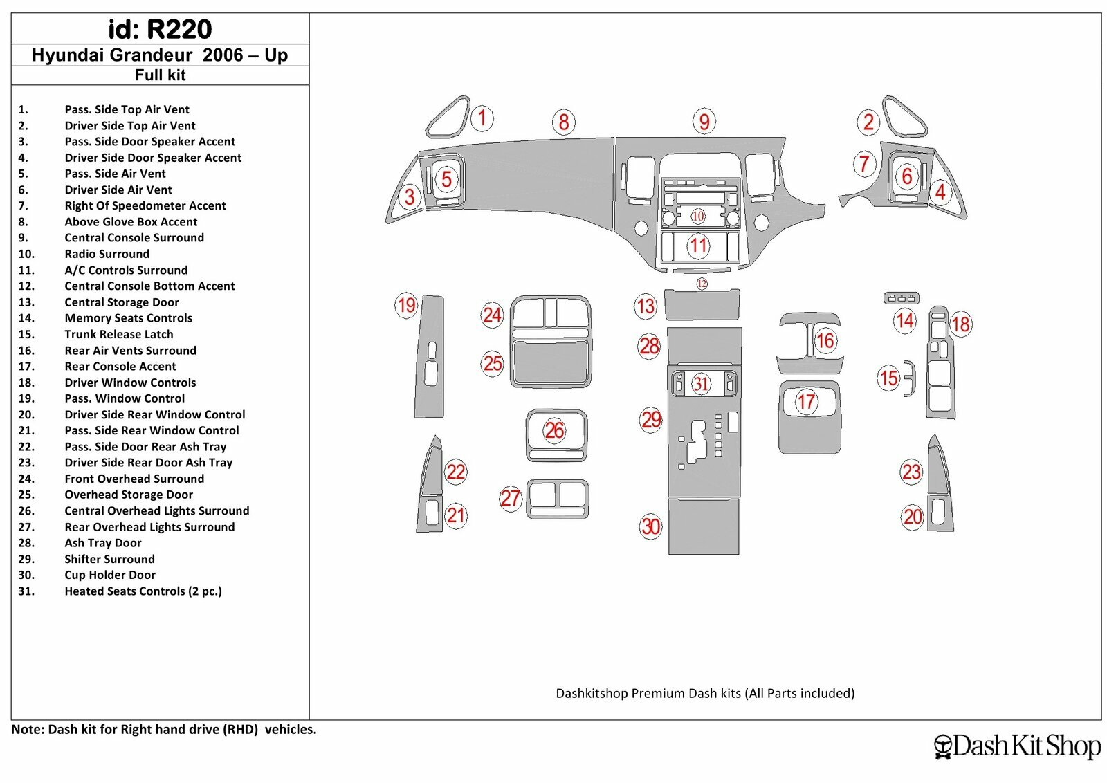 Накладки салона под дерево, карбон, алюминий для Hyundai Grandeur 2006-UP. Комплект R220.