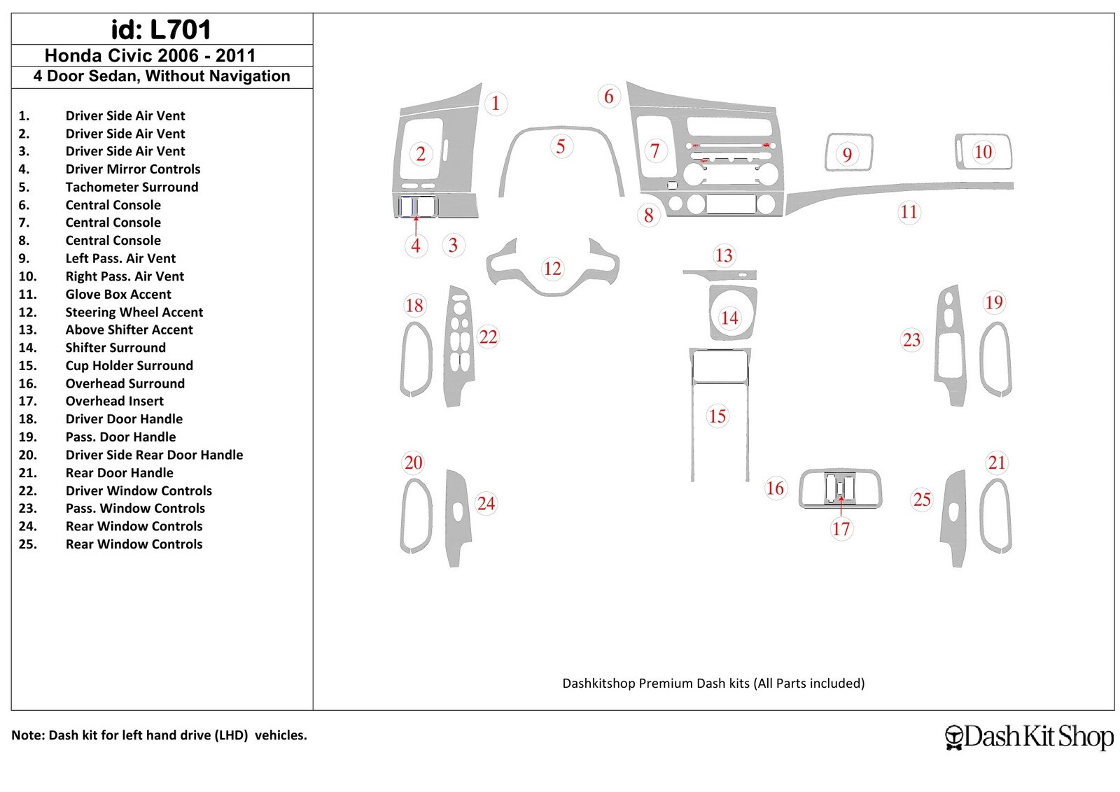 Накладки салона под дерево, карбон, алюминий для Honda Civic 2006-2011. Комплект L701.