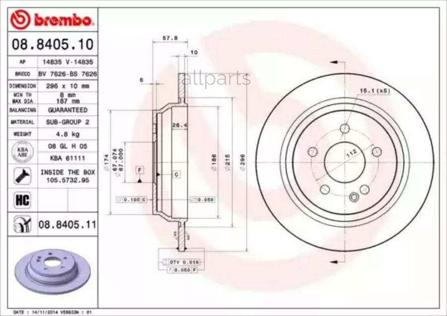 BREMBO 08.8405.10 Диск тормозной задний BREMBO 08.8405.10