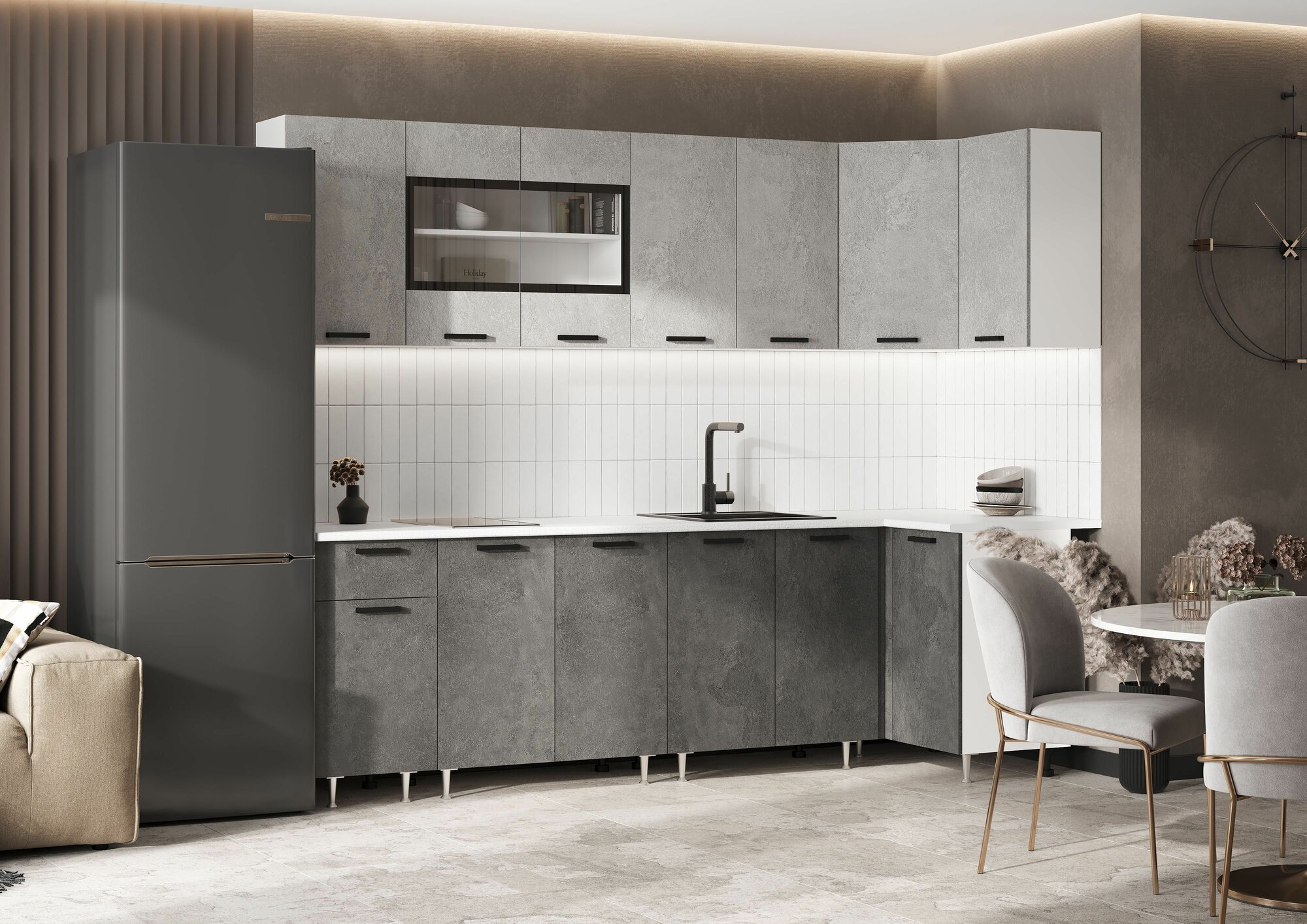 Кухня Рио угловая NEW 2,6х1,0м бетон светлый_бетон темный