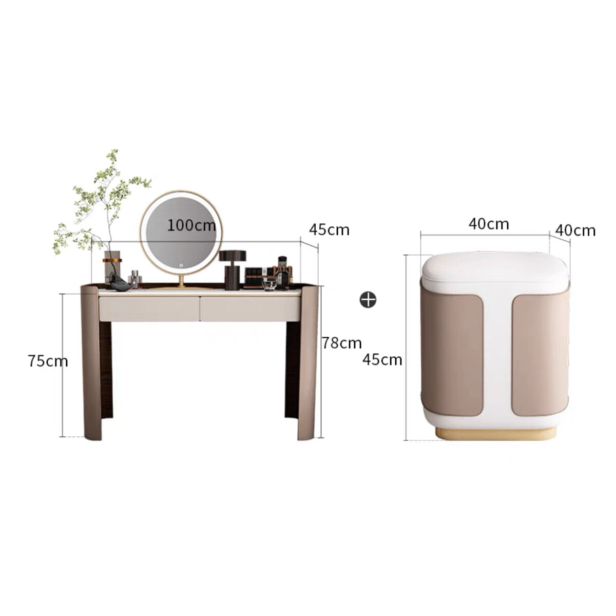 Туалетный столик кожаный Lee (Столик с зеркалом / 100 см + пуф)