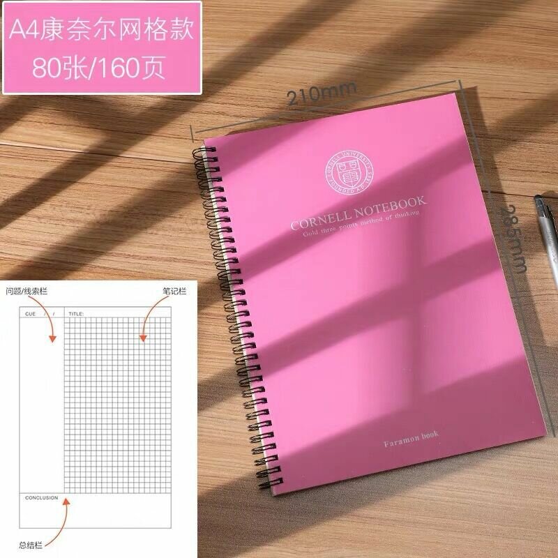 Wire-Bound A4 Cornell Grid Notebook в Розовом Цвете - Организатор Учебных Записей для Студентов с 100 Страницами,