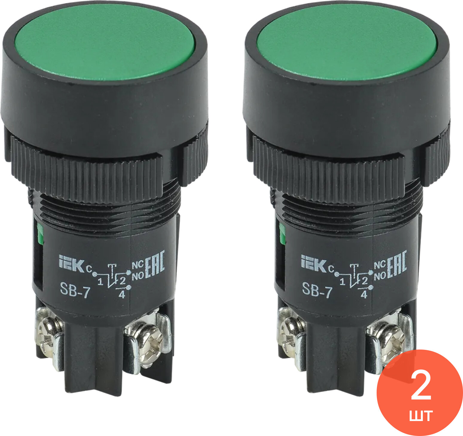 Кнопка управления IEK / ИЭК SВ-7 Пуск плоская, 1з+1р, зеленая, 10А 240В IP40, под отверстие диаметром 22мм, BBT40-SB7-K06 / кнопочный пост (комплект из 2 шт)