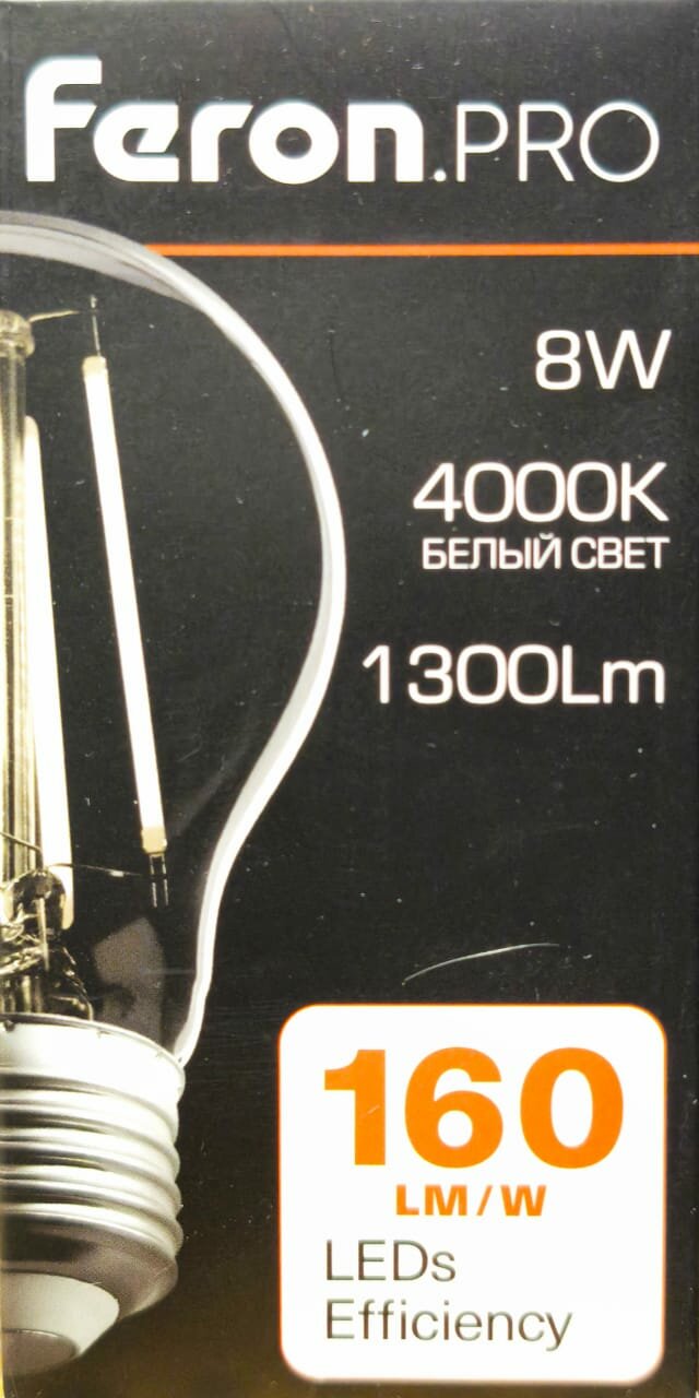 Светодиодная лампа Feron "LB-1108", E27, 8Вт, дневной белый, филаментная, груша (48893)
