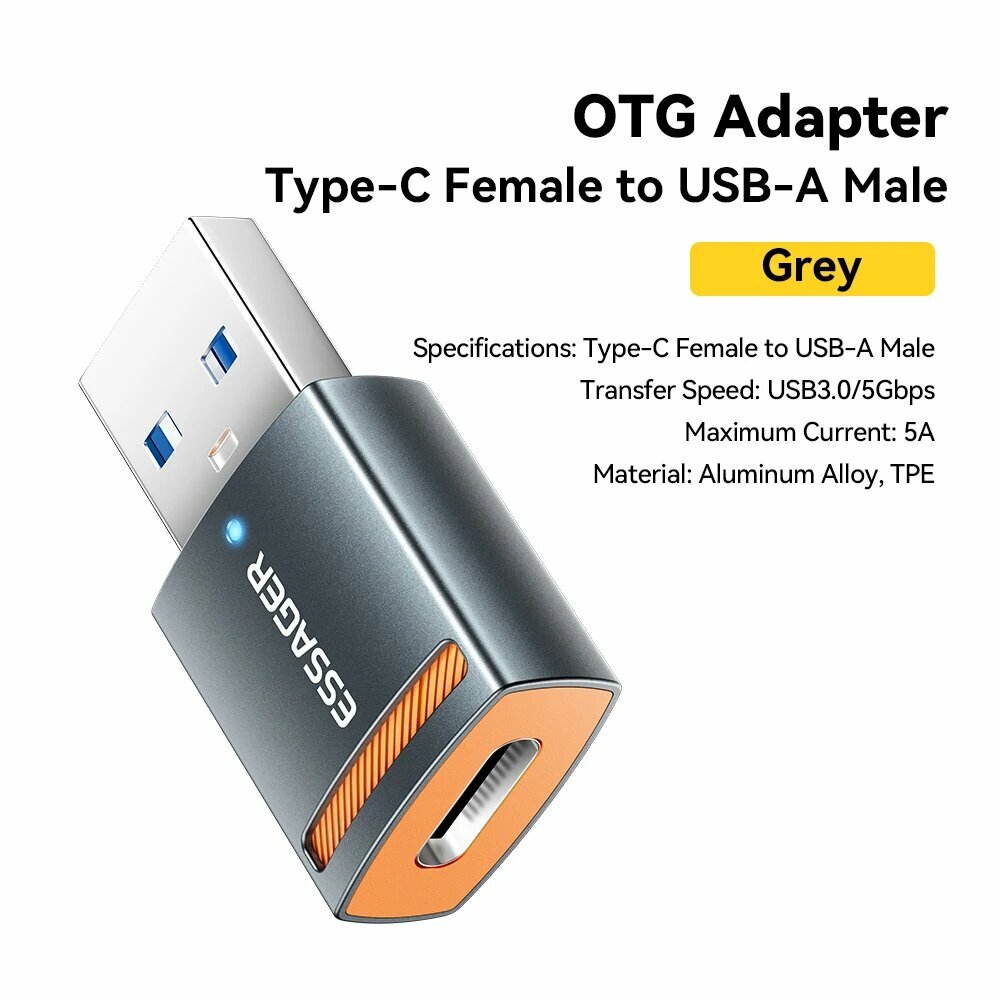 Essager OTG адаптер Type-C на USB-A, серый, 5A