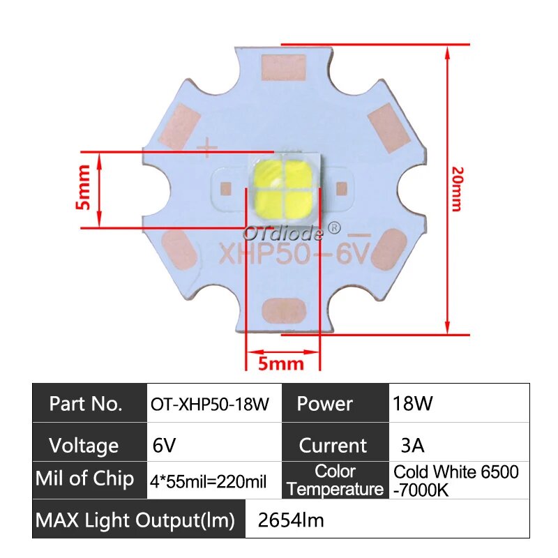 Светодиод XHP50-6V 18W, 6500K, 20mm