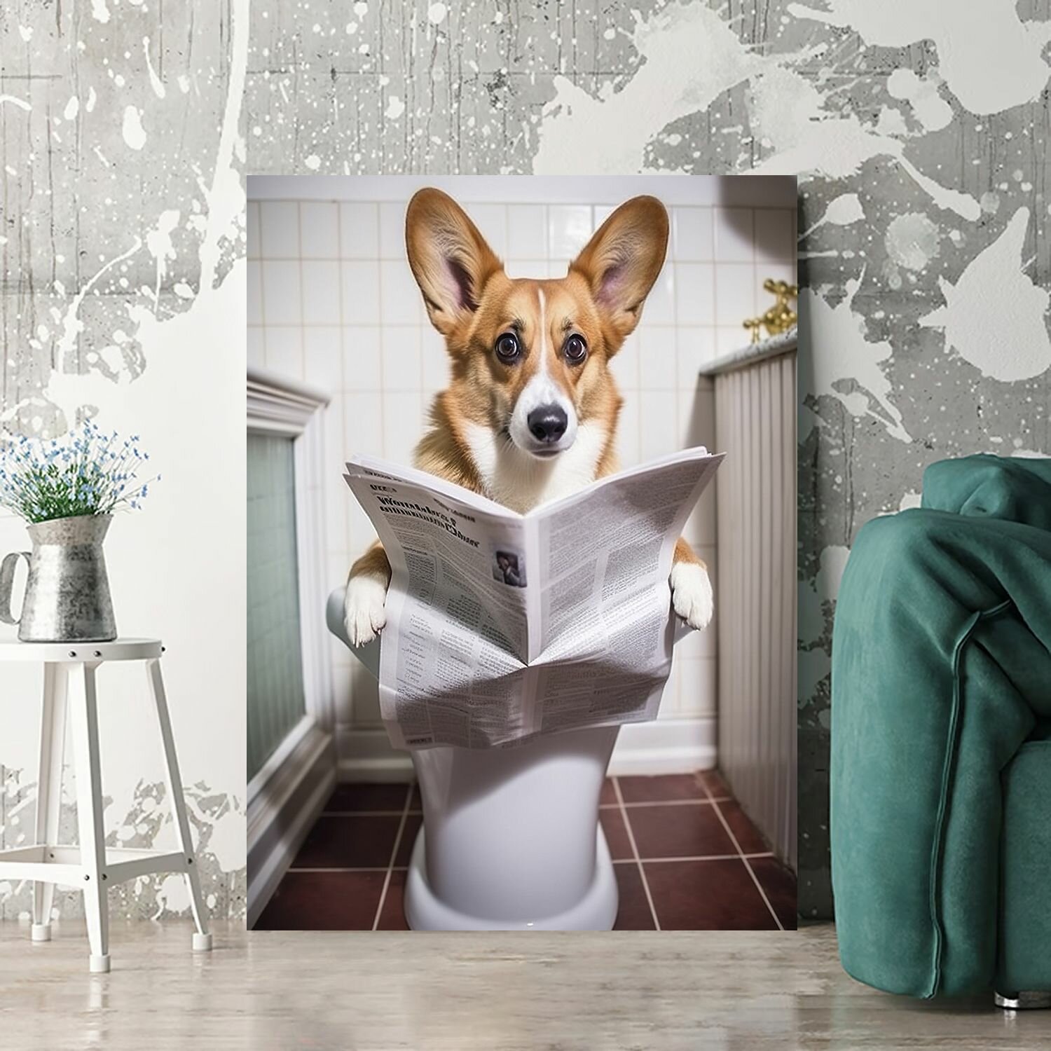 Картина в туалет, ванную комнату Корги читает газету, 50х70 см.