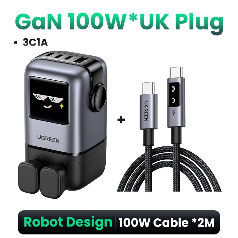 UGREEN 100W GaN зарядное устройство с UK штекером и 2M кабелем