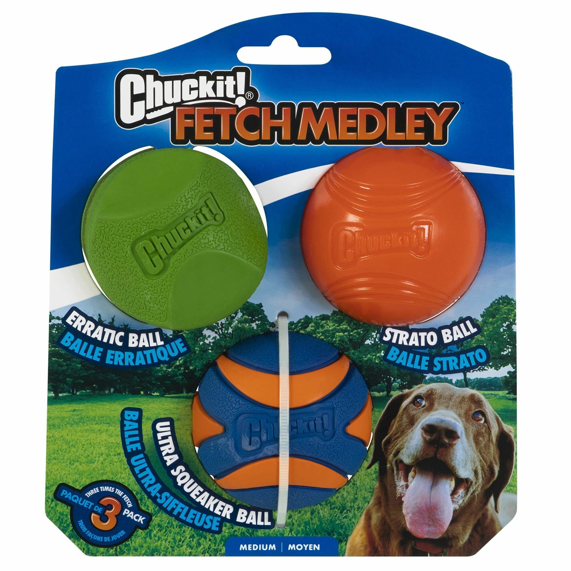 Chuckit! Fetch Ball Medley 2 M, 3 Pack, Ultra, Fetch и Rugged Balls в комплекте