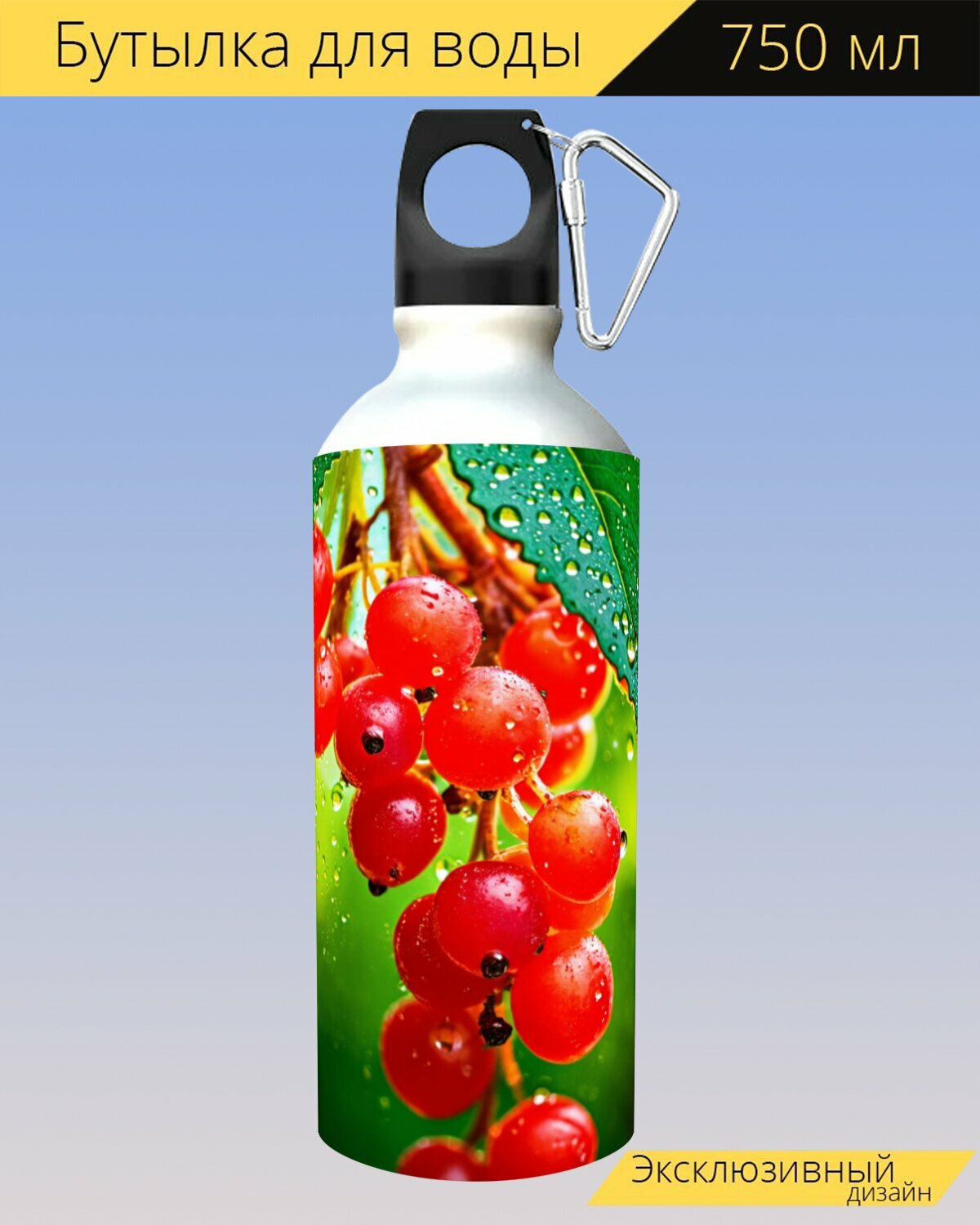 Бутылка фляга для воды "Крупный план спелых красных смородин, покрытых капельками воды, на фоне зеленых листьев. Освещение мягкое, с солнечными." 750 мл. с карабином и принтом