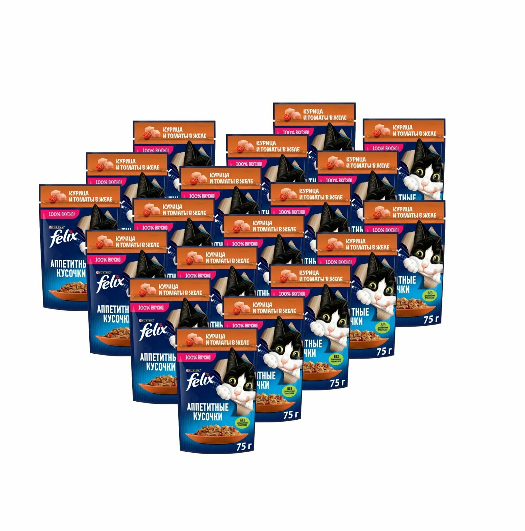 Felix влажный корм для кошек аппетитные кусочки в желе с курицей и томатами 75 г x 20 шт.