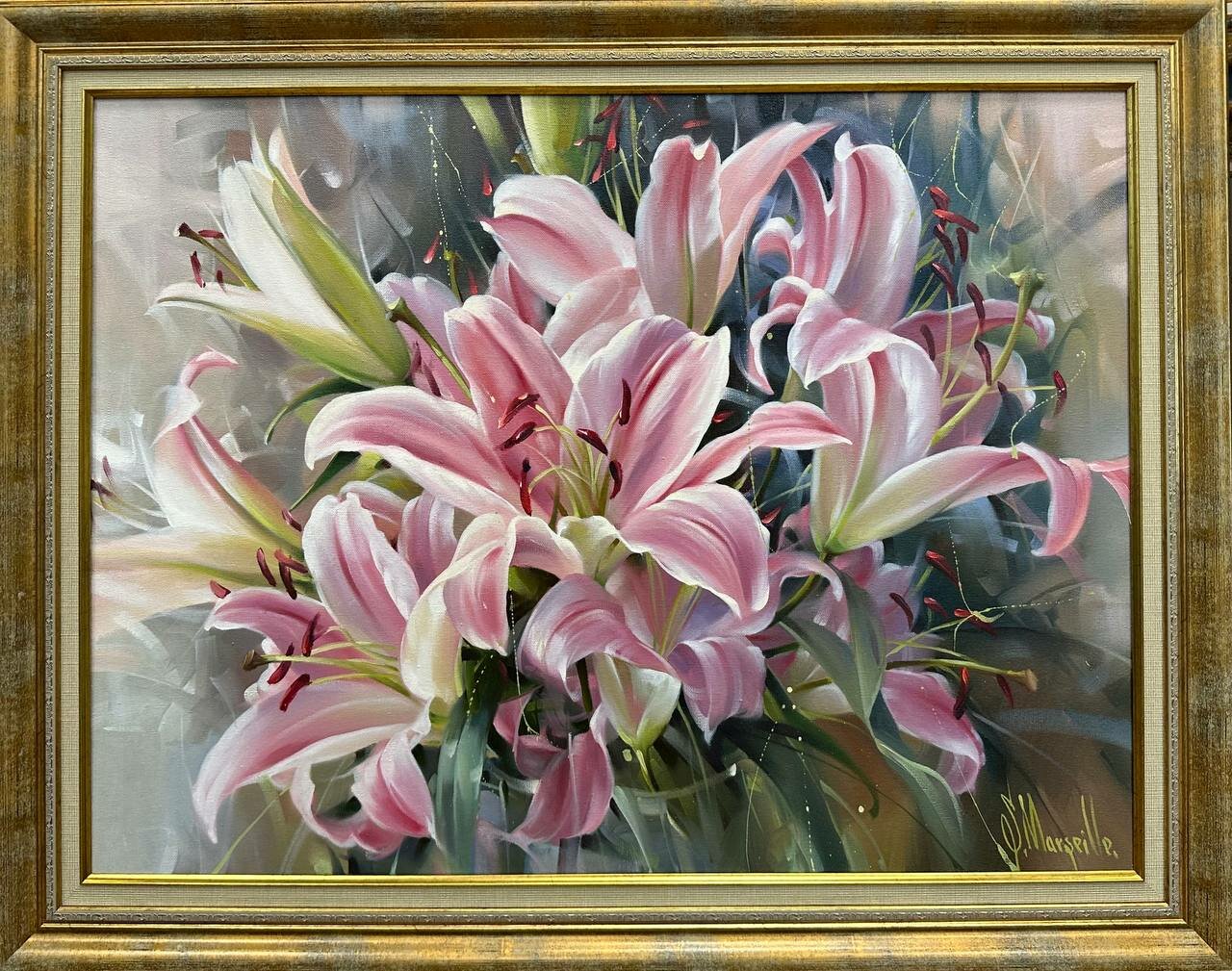 Картина маслом на холсте, пышный букет, натюрморт "Букет лилий", 60х80 см