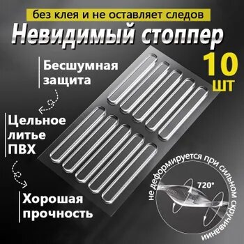 Защитные накладки противоударные на двери. Самоклеящиеся силиконовые прозрачные наклейки от сколов и царапин, Стоппер для двери силиконовый, Комплект 10 штук размером 63*10*2 мм