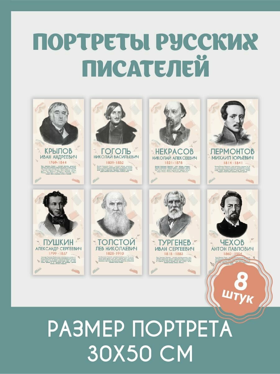 Стенды для школы с портретами русских писателей и их произведения, 30х50см, 8штук