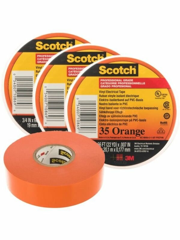 Изолента 3M 3 шт, герметизирующая лента высшего класса 3М Scotch 35 Orange 19мм х 20м х 0,18мм