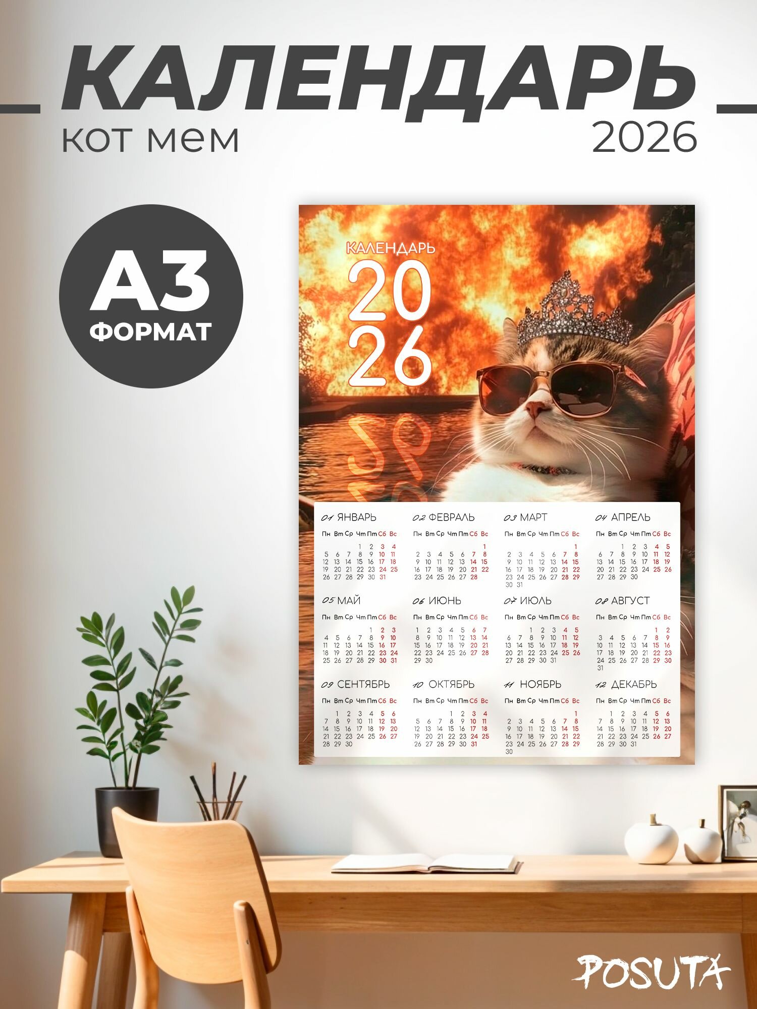 Календарь 2026 настенный кот мем