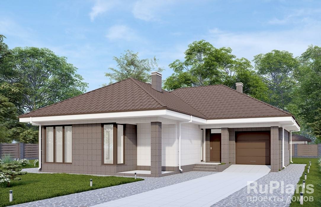 Одноэтажный дом с подвалом, гаражом и тремя спальнями (172 м2, 17м x 16м) Rg6513