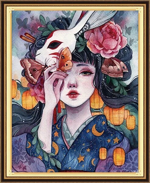 Вышивка крестом "Девушка с маской", 11CT Cotton 50x41cm