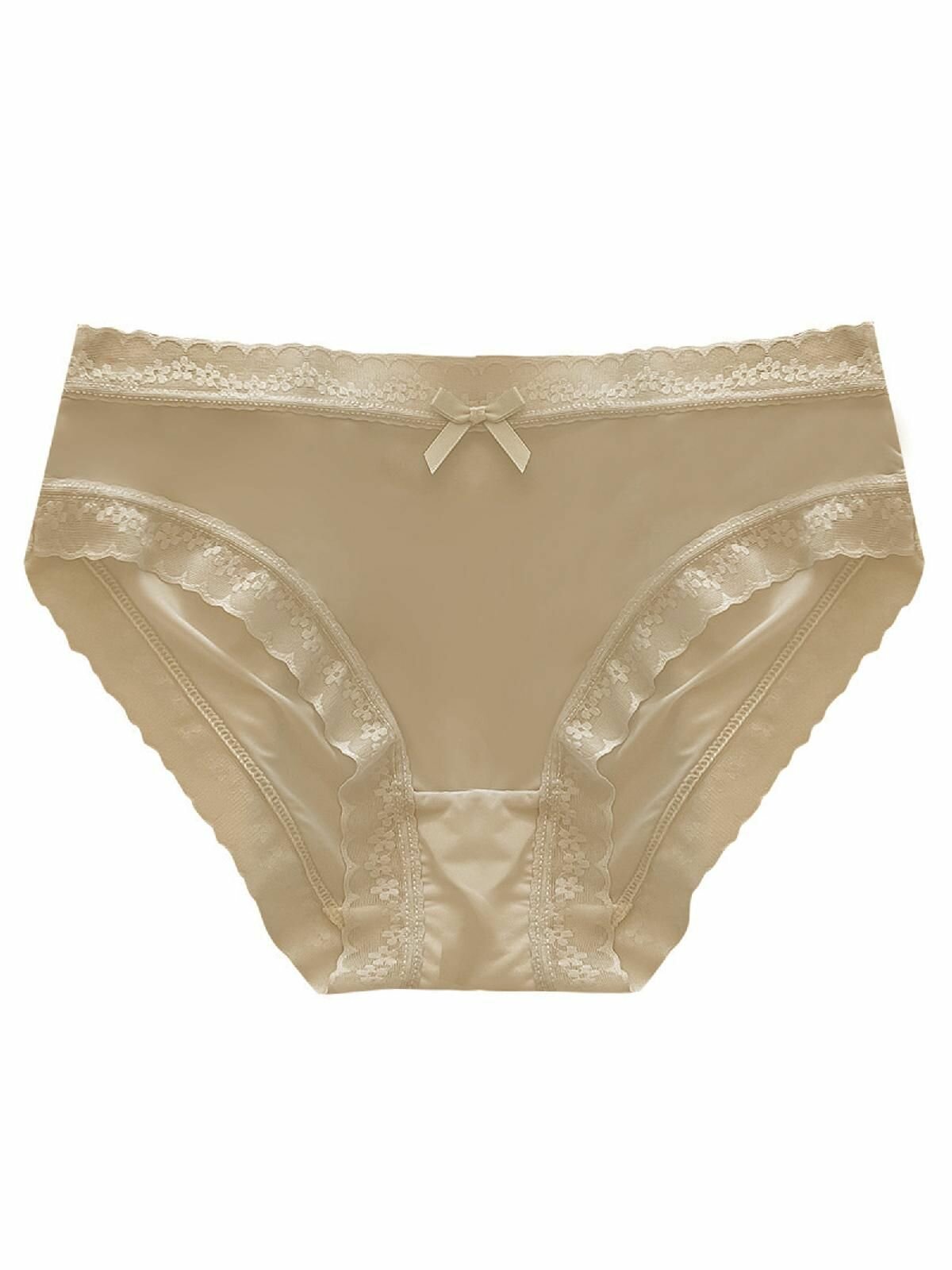 Женские трусики из ледяного шелка с цветочным кружевом и бантом, Коричневый - M