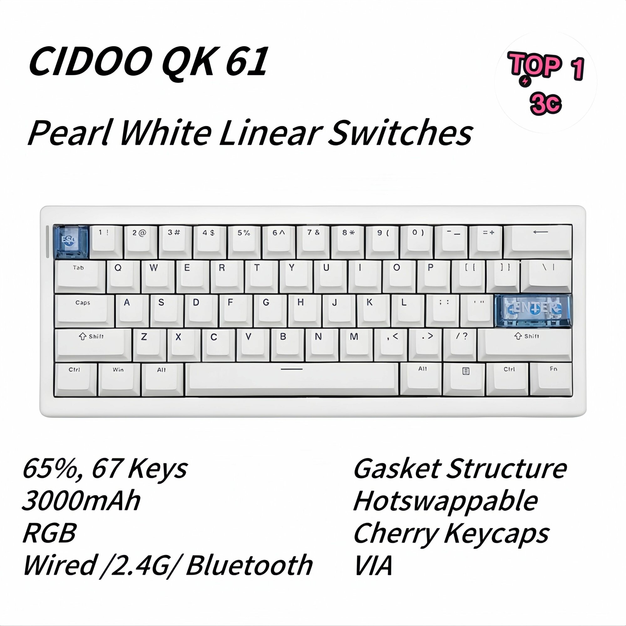 Cidoo Игровая клавиатура беспроводная QK61 V2, Английская раскладка, белый