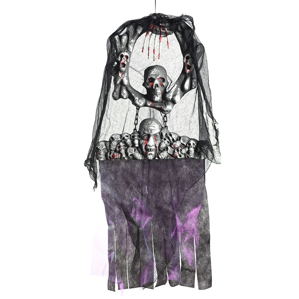 Halloween Hanging Board Prop Bar Soul House Skull Skeleton Door Hanger with Flashing Eyes, Material: foam, Powered by: 3*AG12 button-batteries (not included), Item size: 1200 * 500mm, Package size: 380 * 130 * 50mm, Package weight: 200g, Quantity: 1 piece