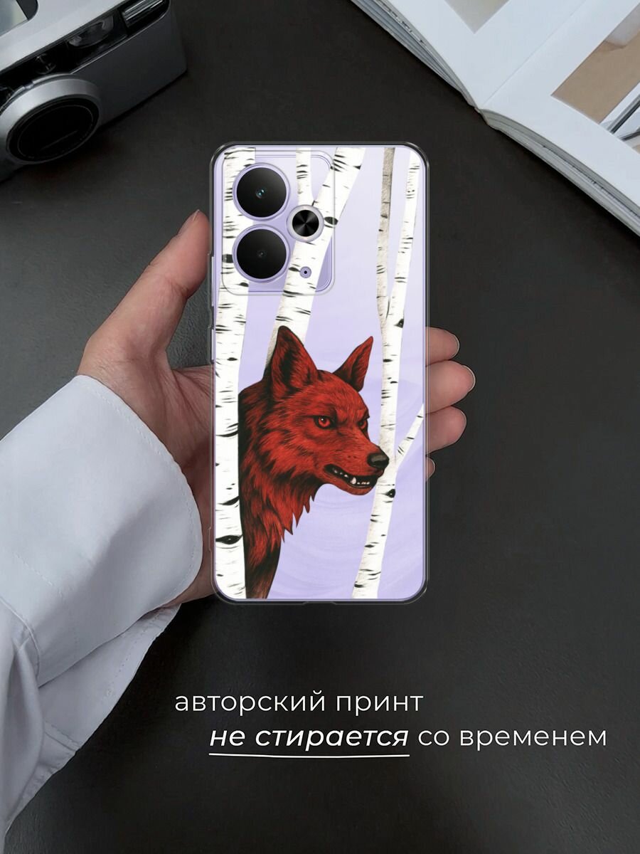 Чехол на Realme 14T / Реалми 14Т с принтом Красный волк, прозрачный — фото 1