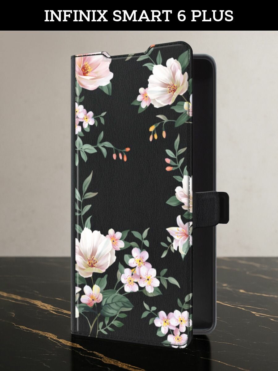 Чехол-книжка на Infinix Smart 6 Plus (Инфиникс Смарт 6 Плюс) с картой и принтом "Beautiful white flowers"