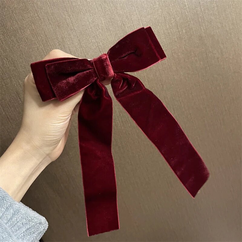 Бархатные заколки HELTFARM с бантом Бордовый, Wine red