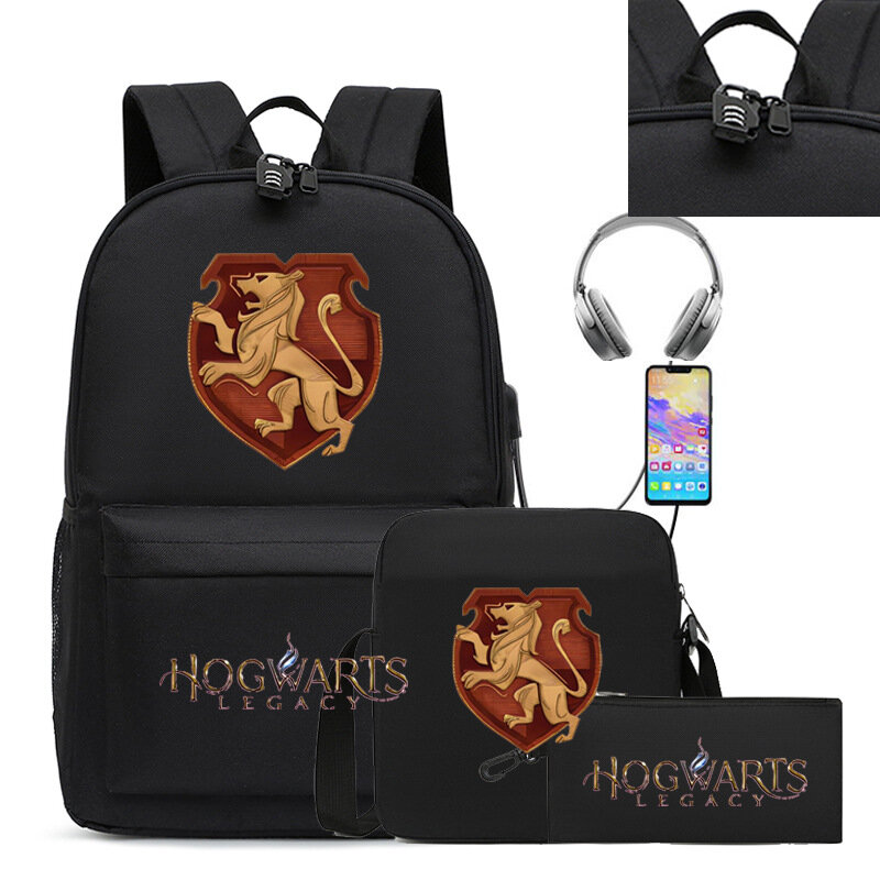 Периферийные устройства для кино и телевидения Hogwarts Legacy школьная сумка с принтом, комплект из 3 предметов, повседневная сумка через плечо, рюкзак USB