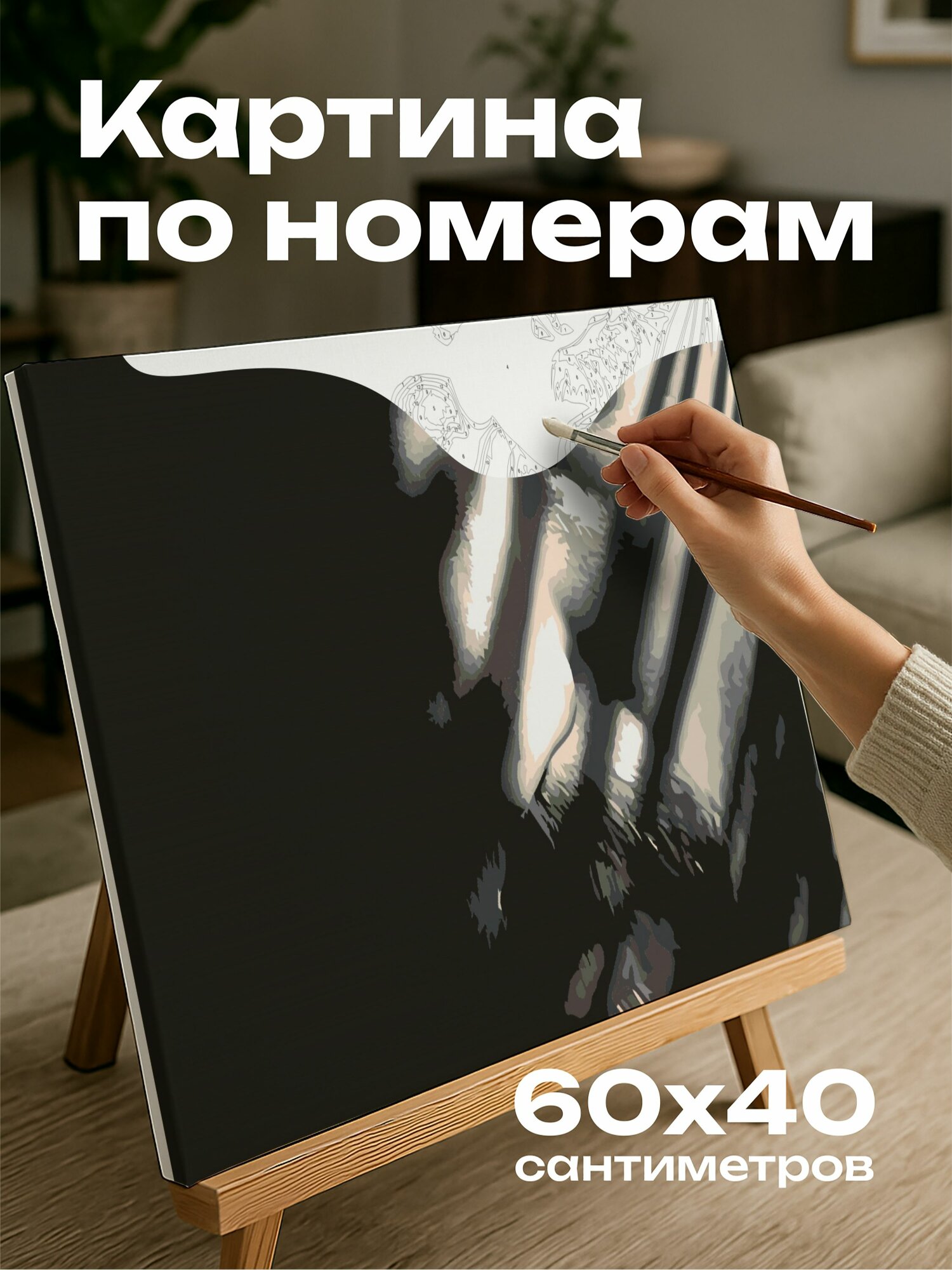 Картина по номерам 60x40 см, мужчина, черно-белая фотография, лицо в тени, световые каскады, резкие черты
