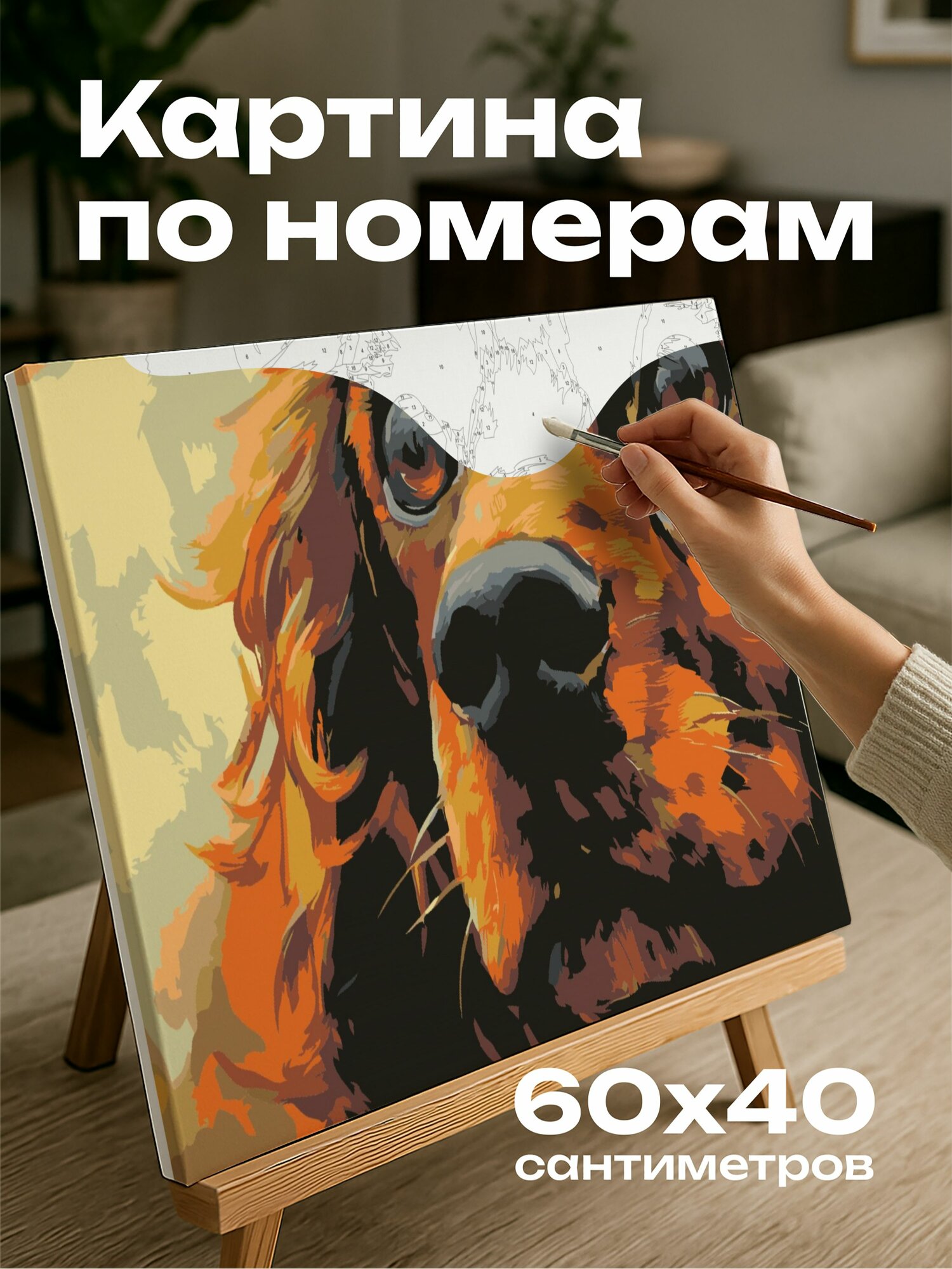 Картина по номерам 60x40 см, Кокер-спаниель, портрет, масло, глаза, шерсть, преданность, теплый фон, товарищество