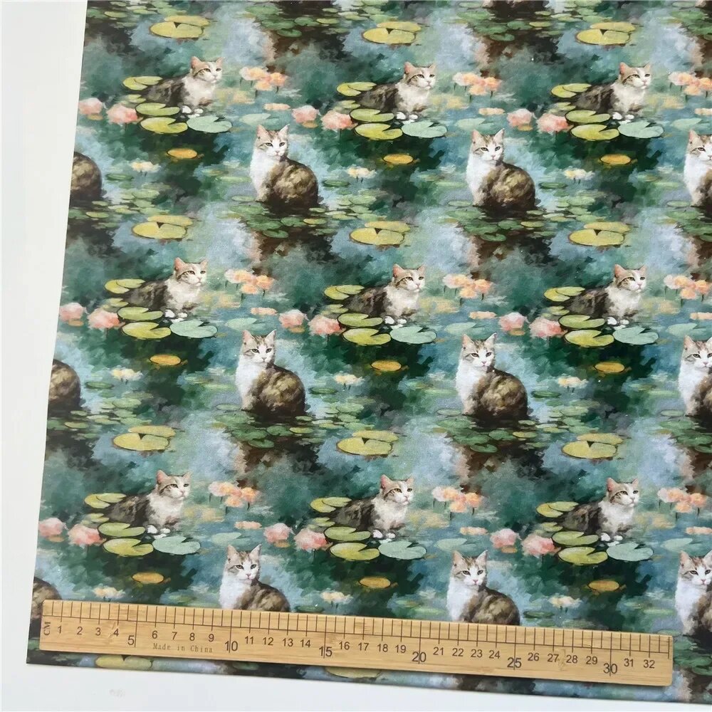 Ткань хлопковая с кошками на кувшинках, 30x35 см, цвет 1204
