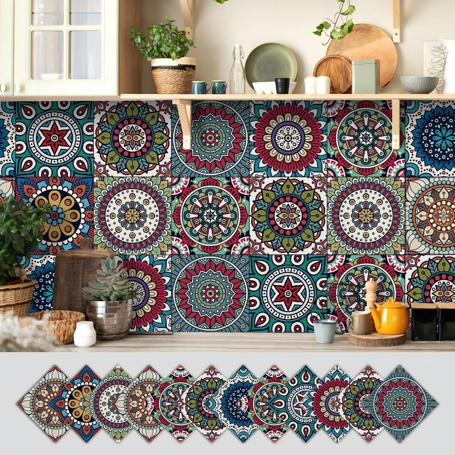 Наклейки на плитку, самоклеящаяся плитка, настенная плитка, упаковка из 24 штук, самоклеящаяся, водонепроницаемая виниловая мозаика в марокканском стиле 10x10 см, подходит для отделки стен кухни и ванной комнаты.