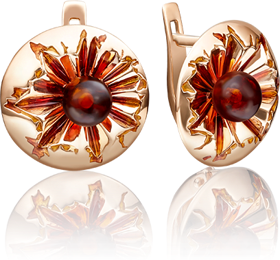 Серьги, красное золото, 585 проба, янтарь