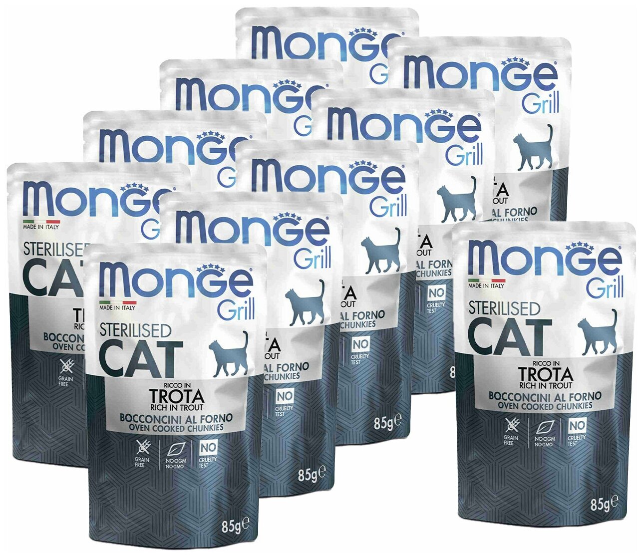 Monge Cat Grill Pouch паучи для стерилизованных кошек итальянская форель 85г х 10 шт.