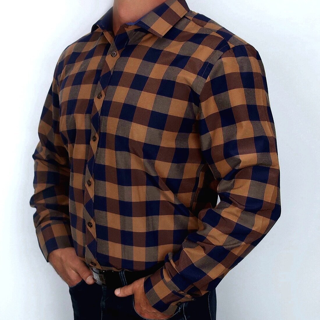 Рубашка Мужская рубашка с длинным рукавом приталенная, темная сорочка на пуговицах, рубаха на любой сезон, разноцветная клетка, без карманов, на любой сезон и на лето рубашка Slim fit с приталенным кроем зауж