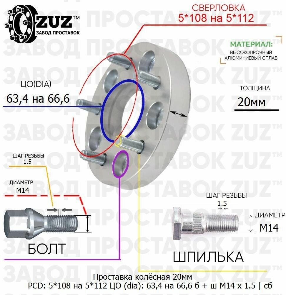 Проставка колёсная 1 шт 20мм 5*108 на 5*112 ЦО 63,4 на 66,6 Крепёж в комплекте Болт + Шпилька М14*1,5 ступичная с бортиком переходная адаптер для дисков 1 шт на ступицу 5x108 на 5x112