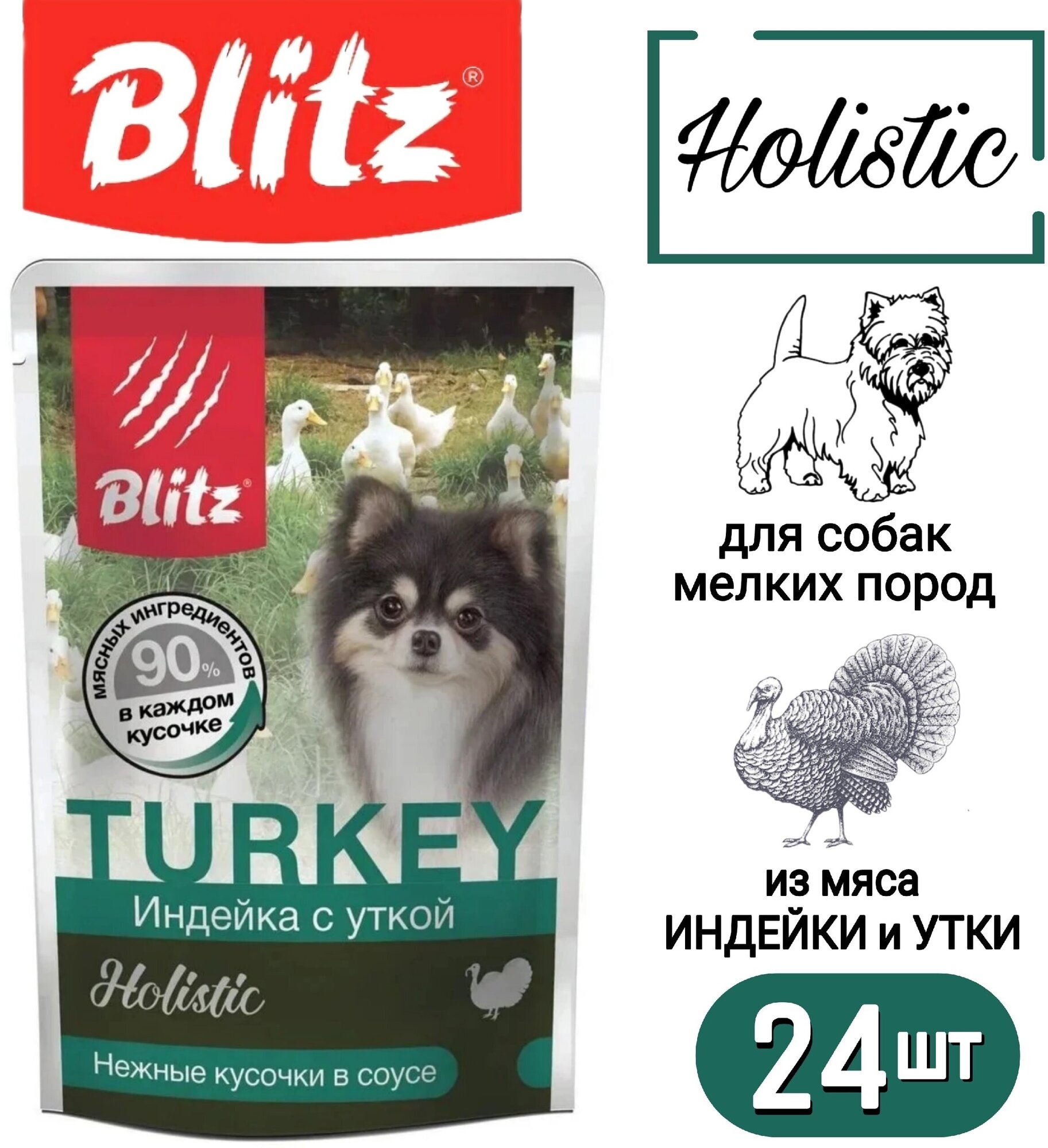 Blitz Holistic "Индейка с уткой" кусочки в соусе влажный корм для взрослых собак мелких пород 85 г (24 шт)