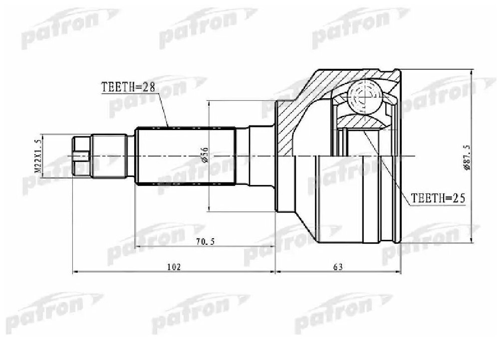 ШРУС наружн к кт 28x56x25 KIA Sorento 2,4i 2,5CRDi 02 09 PATRON PCV1654