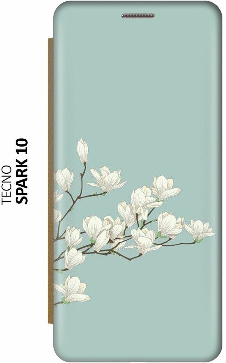 Чехол-книжка Сакура на голубом на Tecno Spark 10 / Техно Спарк 10 золотой