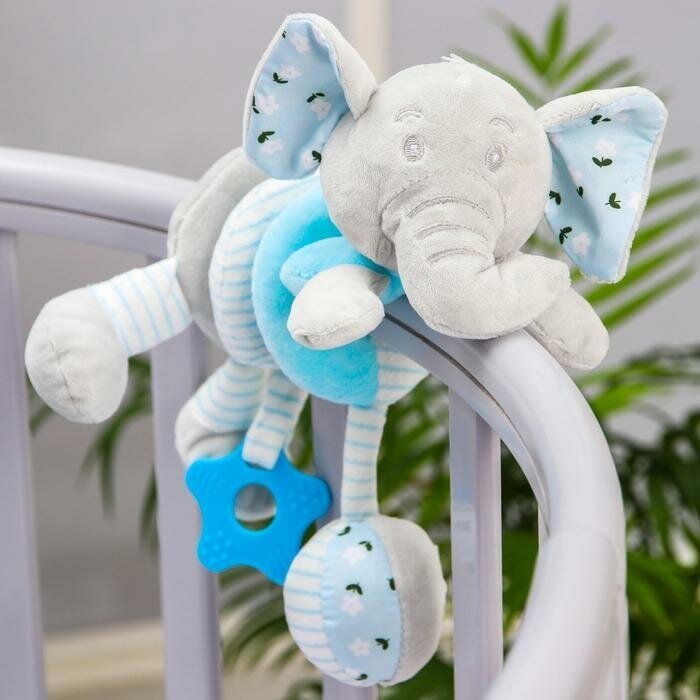 Растяжка-спираль Крошка Я мягкая, с погремушкой, на кроватку и коляску, "Слоник голубой"