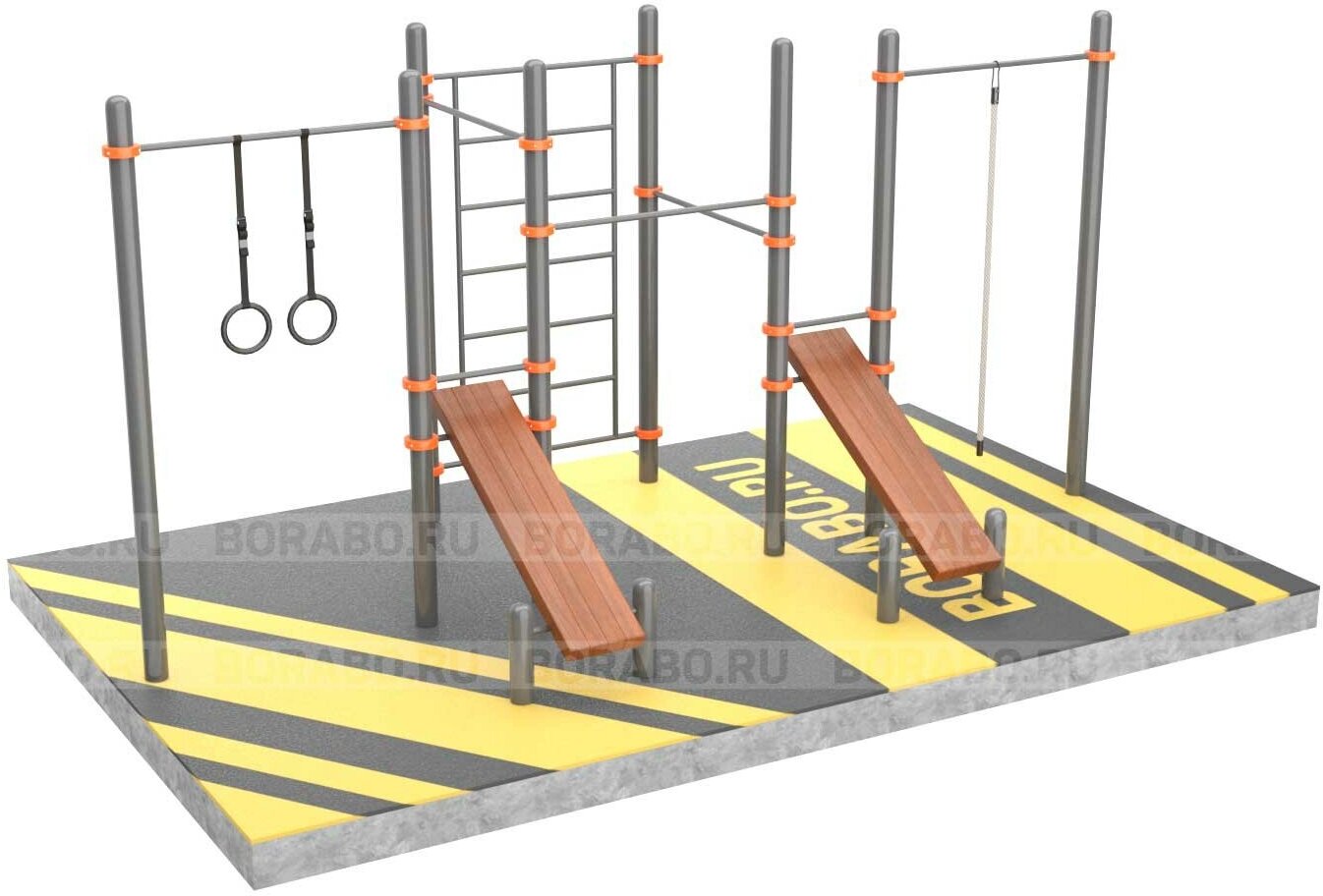 Спортплощадка воркаут Borabo с двумя скамьями для пресса, канатом, кольцами, тремя турниками и лестницей