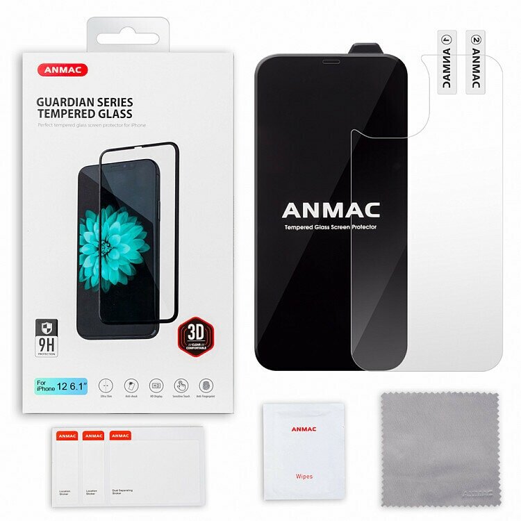Защитное 3D стекло для Apple iPhone 12 / 12 Pro 6.1" + пленка на заднюю крышку (ANMAC, черное)